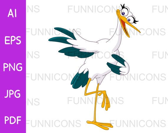 Clipart Cartoon of a Happy Stork Presenting With Her Wing on | Etsy