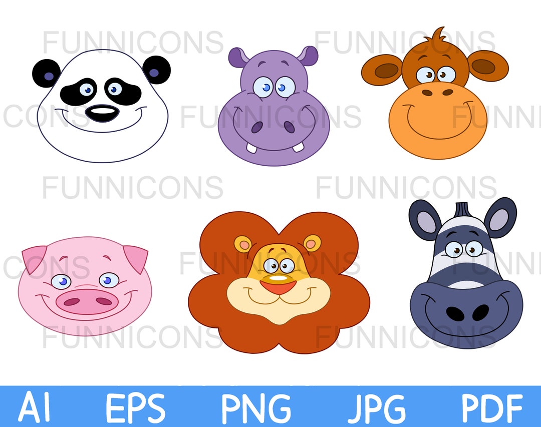 Clipart Cartoon Batch, Animal Heads Faces Icons : Panda, Hippo, Monkey ...