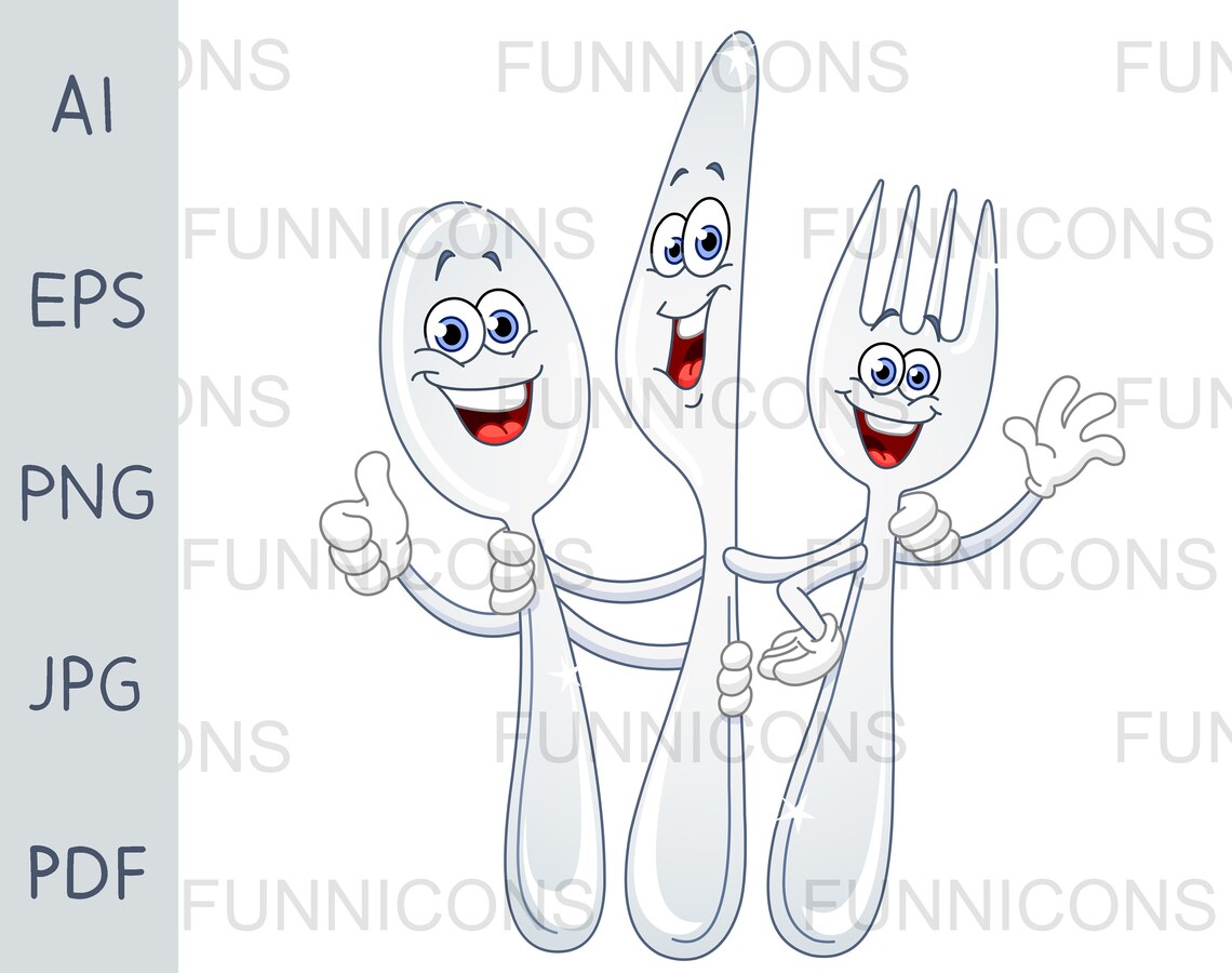 Clipart Cartoon of Happy Silverware Spoon Knife and Fork | Etsy