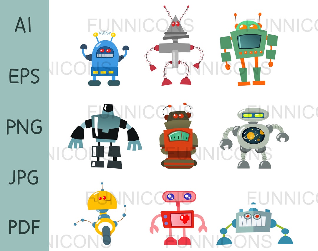 Clipart Bundle of Retro Robots, Ai Eps Png Pdf and Jpg Files Included ...