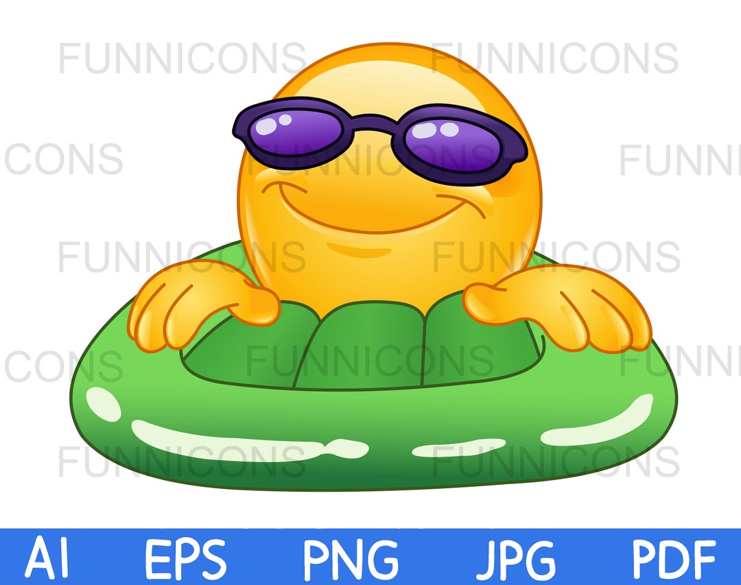 Clipart Cartoon of Happy Emoticon With Sunglasses on Inflatable Pool ...