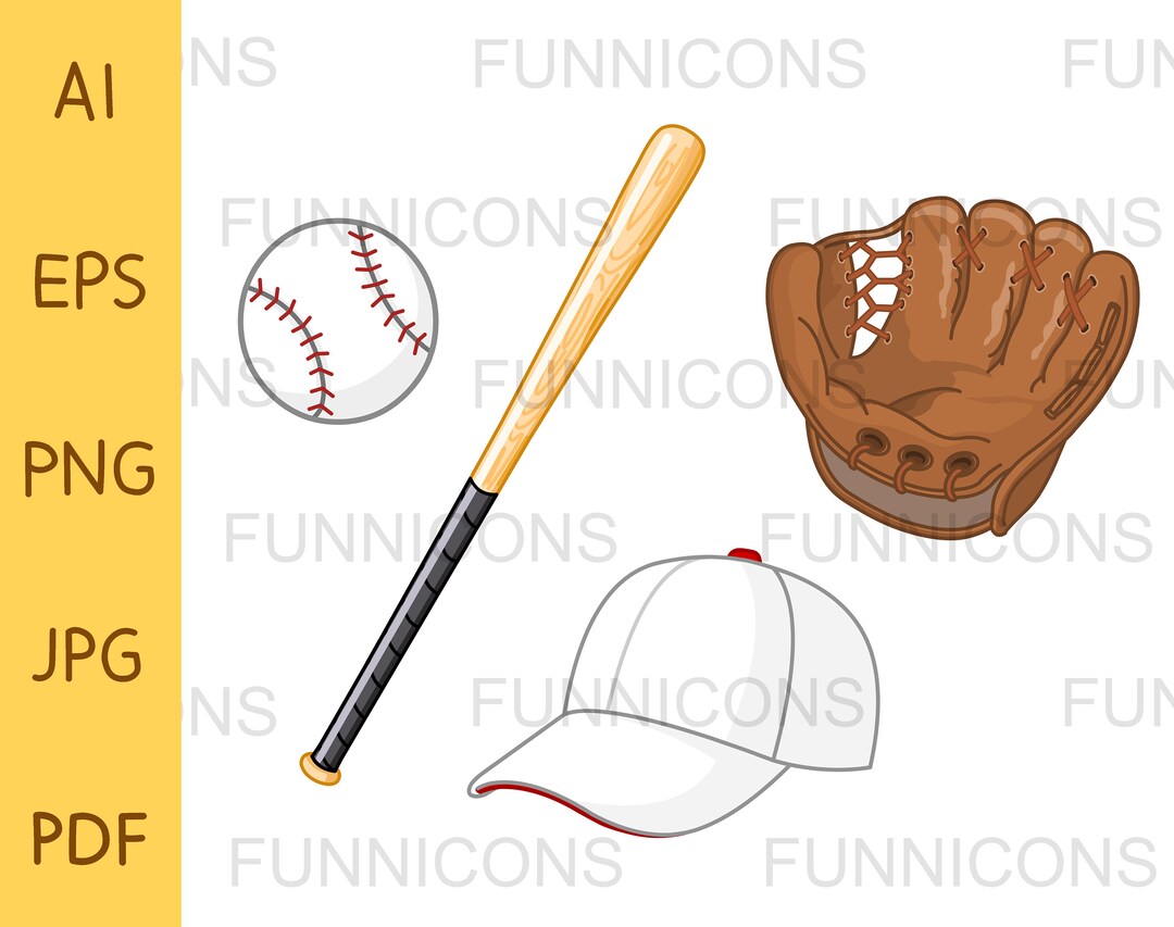 Clipart of Baseball Elements - Ball, Bat, Cap-hat and Glove-mitt, Ai ...