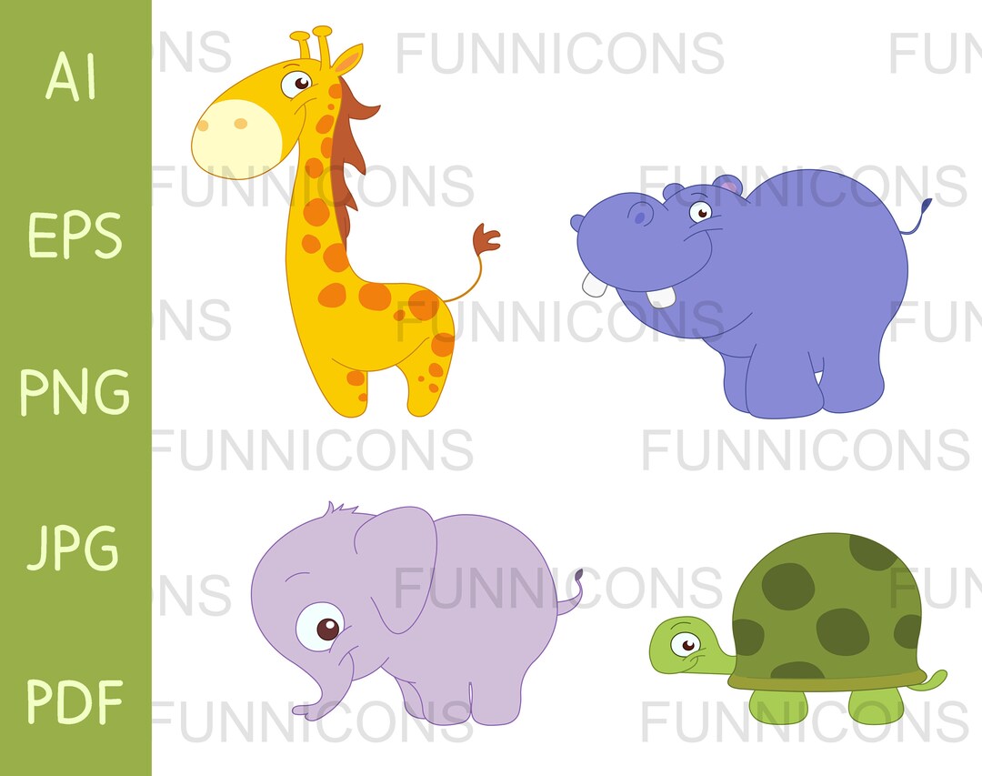 Cute Baby Animals Clipart Set – Giraffe, Hippo, Elephant and Turtle, Ai ...