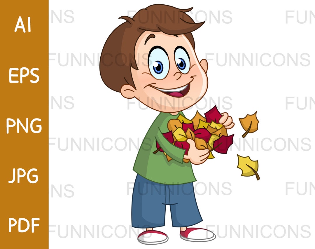 Clipart Cartoon of a Happy Kid Boy Carrying Autumn Leaves, Ai Eps Png ...