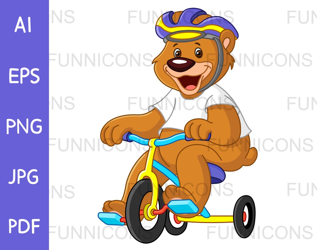 Clipart Cartoon of a Happy Bear With Helmet Riding a Tricycle, Animal ...