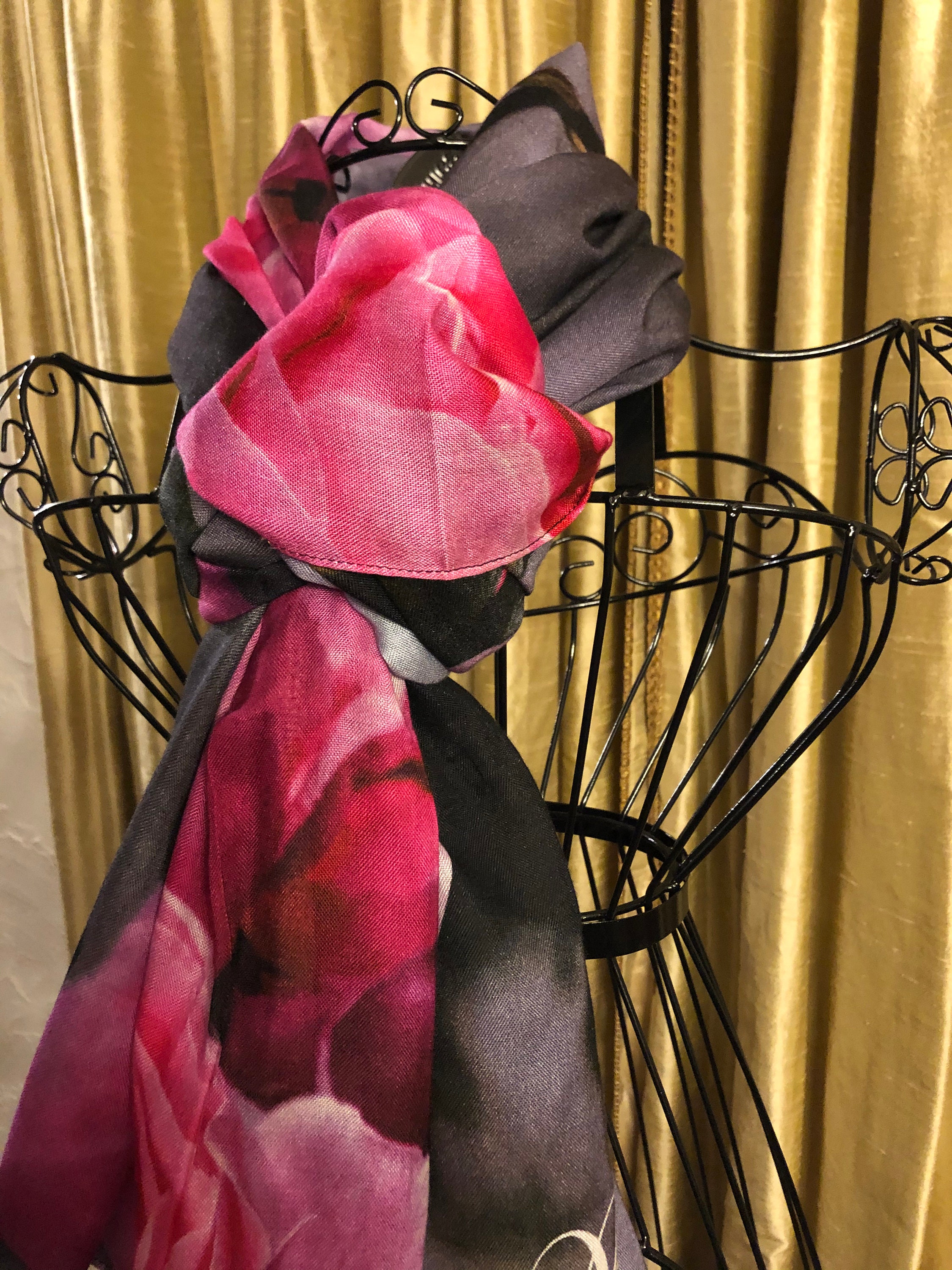 Long Elegant Scarf Floral Pattern Rose Pink Artistic | Etsy