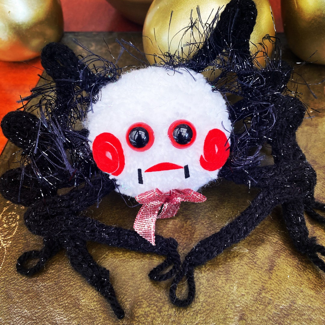 Jigsaw Puppet Knitted Spider Fan Art Pom Pom Plush Sparkly White and ...