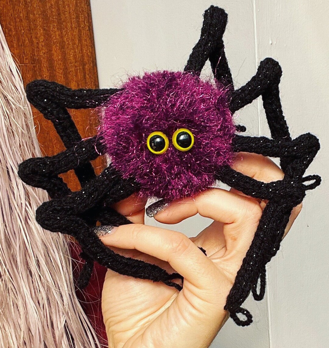 Purple Sparkle Knitted Spider Pom Pom Plush Fluffy Wool Halloween ...