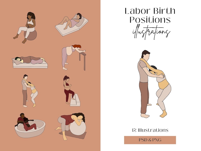 Labor Birth Positions Illustrations | Doula and Childbirth Education (PSD & PNG) - Etsy