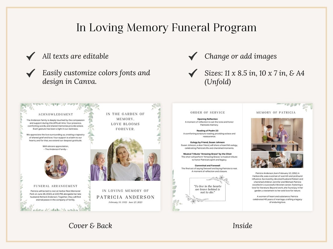 Funeral Program Template Celebration of Life Foldable Funeral Memorial ...