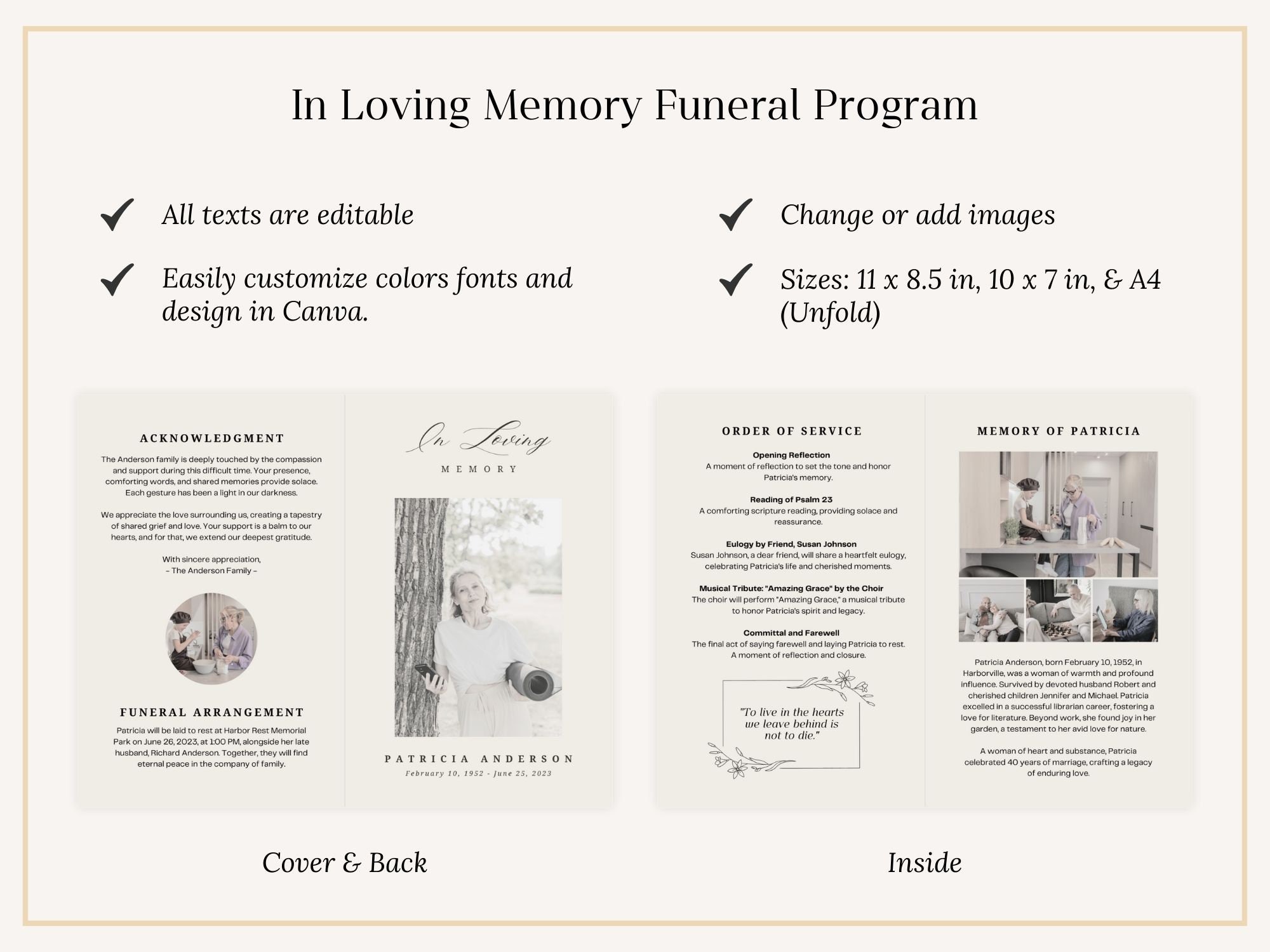 Funeral Program Template | in Loving Memory | Foldable Funeral Memorial ...