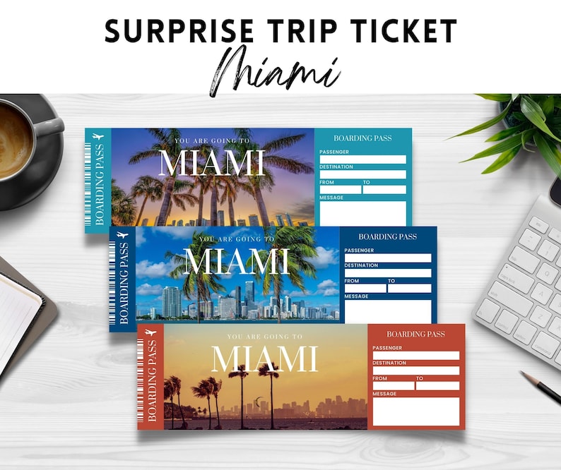 Printable, Editable MIAMI Surprise BOARDING Pass TICKET Template, Trip ...