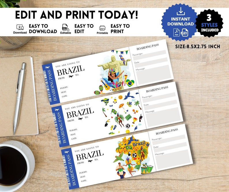 Printable Editable BRAZIL Surprise BOARDING Pass TICKET Trip - Etsy