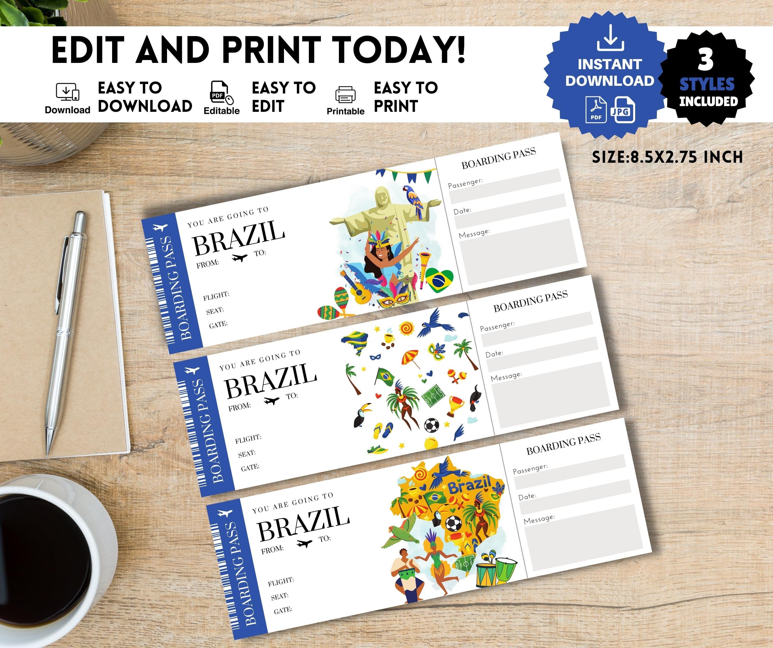 Printable Editable BRAZIL Surprise BOARDING Pass TICKET Trip - Etsy
