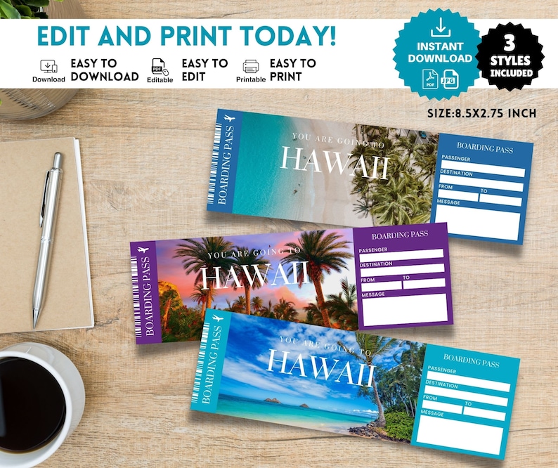Printable, Editable HAWAII Surprise BOARDING Pass TICKET Template, Trip ...