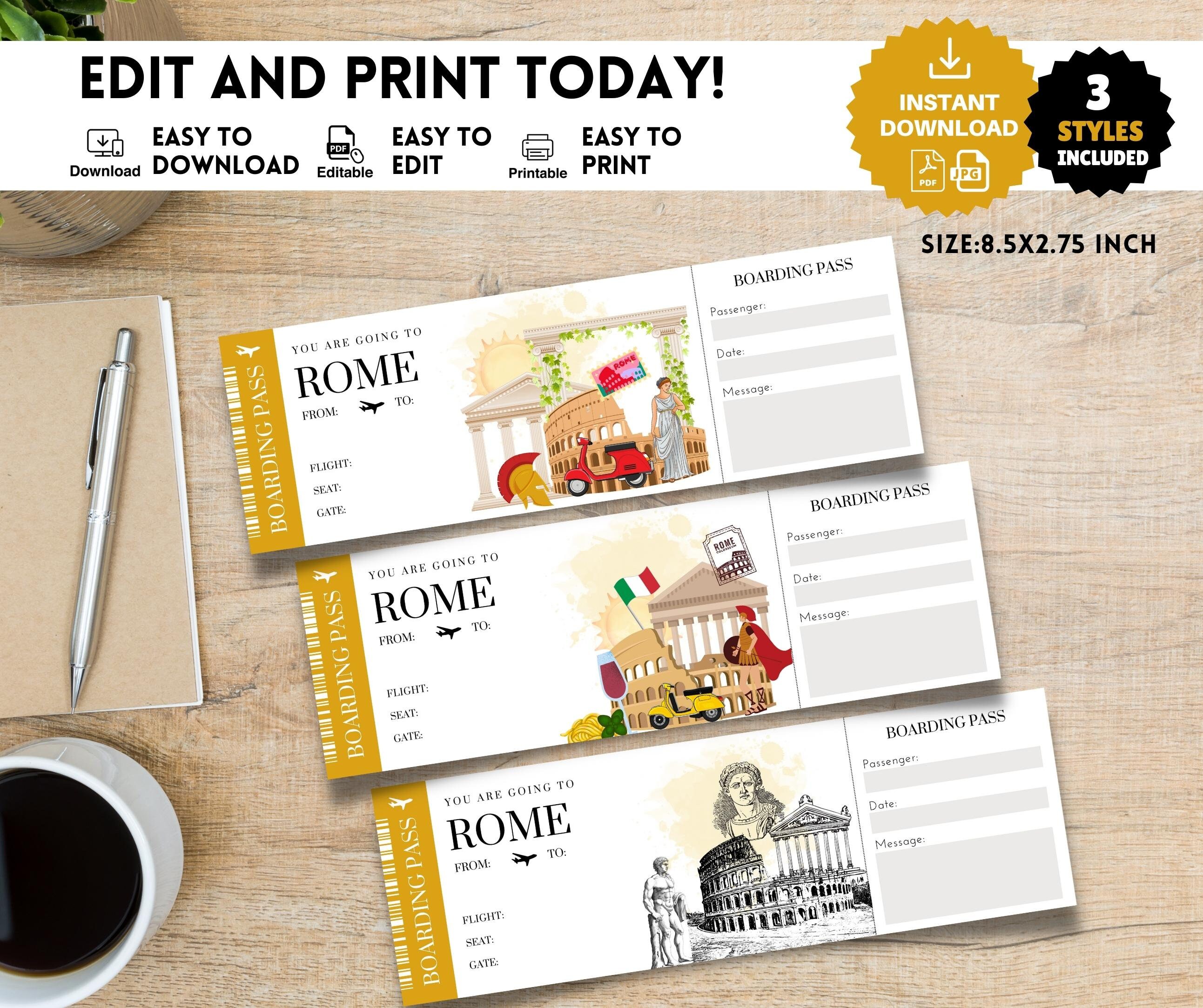 Printable, Editable ROME Surprise BOARDING Pass TICKET, Trip Ticket to ...
