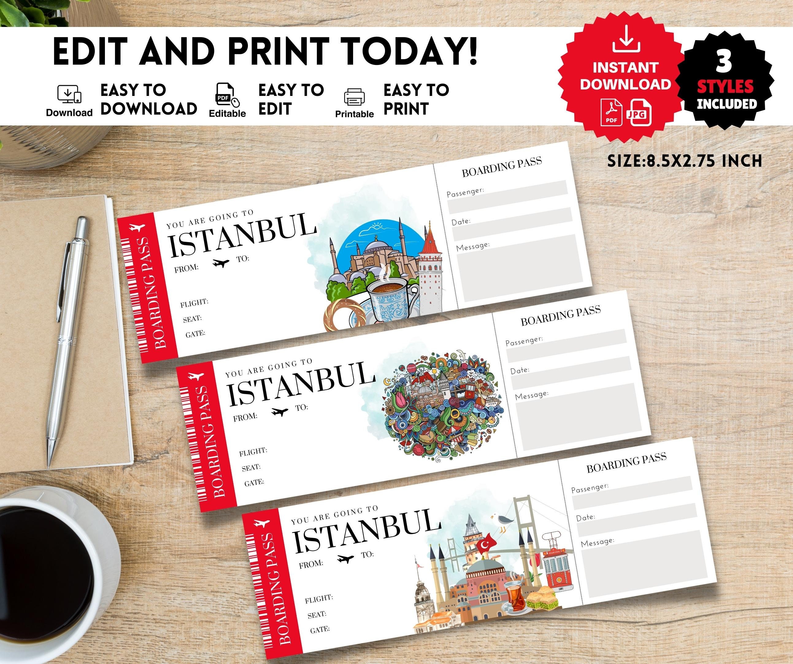 Istanbul Boarding Pass Ticket, Editable Surprise Trip (printable PDF ...