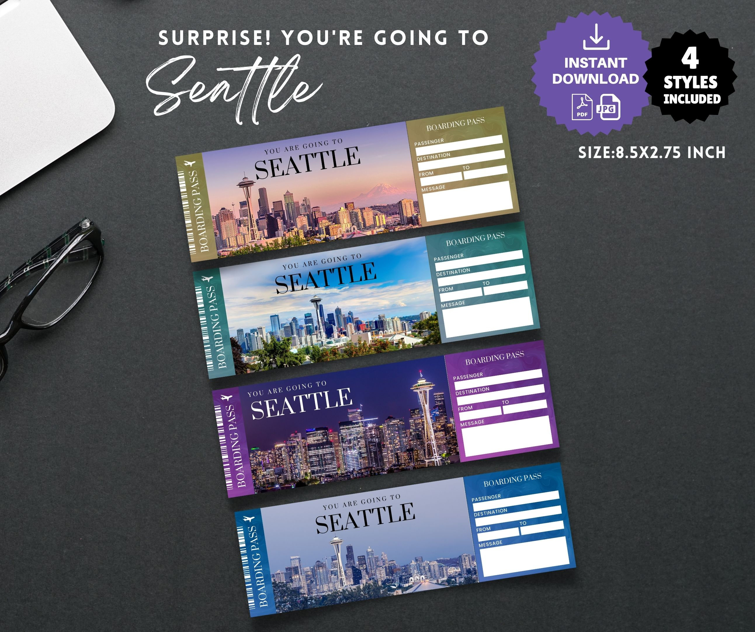 Printable, Editable SEATTLE Surprise Boarding Pass TICKET, Vacation ...