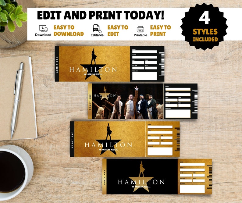 Printable HAMILTON Broadway Surprise Ticket. Editable Musical Theatre ...