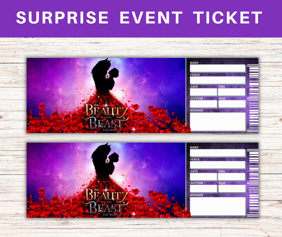 Printable BEAUTY AND the BEAST Broadway Surprise Ticket. Editable Musical Theatre Faux Event ...