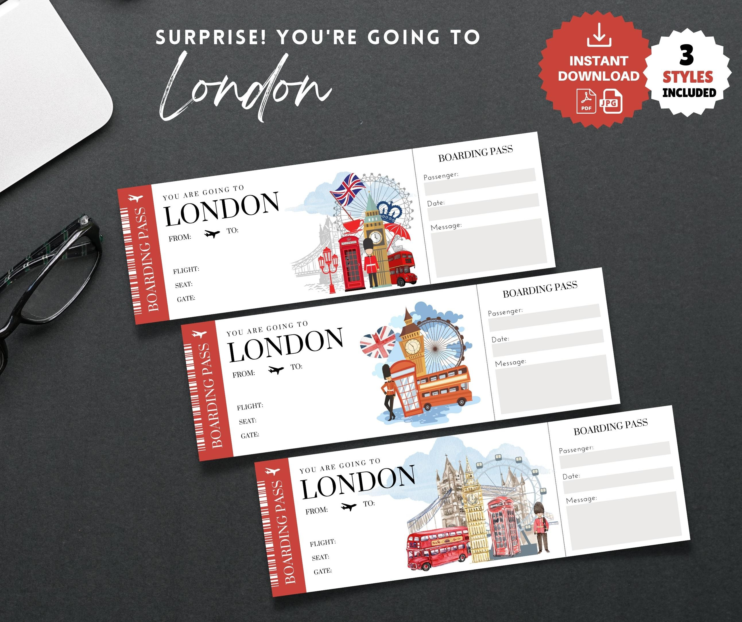 Printable, Editable LONDON Surprise BOARDING Pass TICKET, Trip Ticket ...