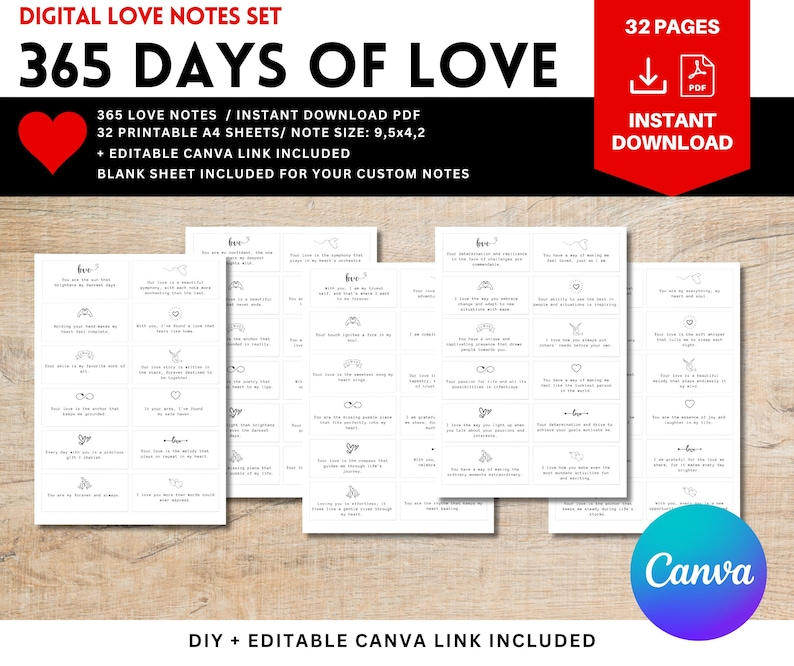 365 Love Notes Set: Daily Printable Messages for Couples - Etsy
