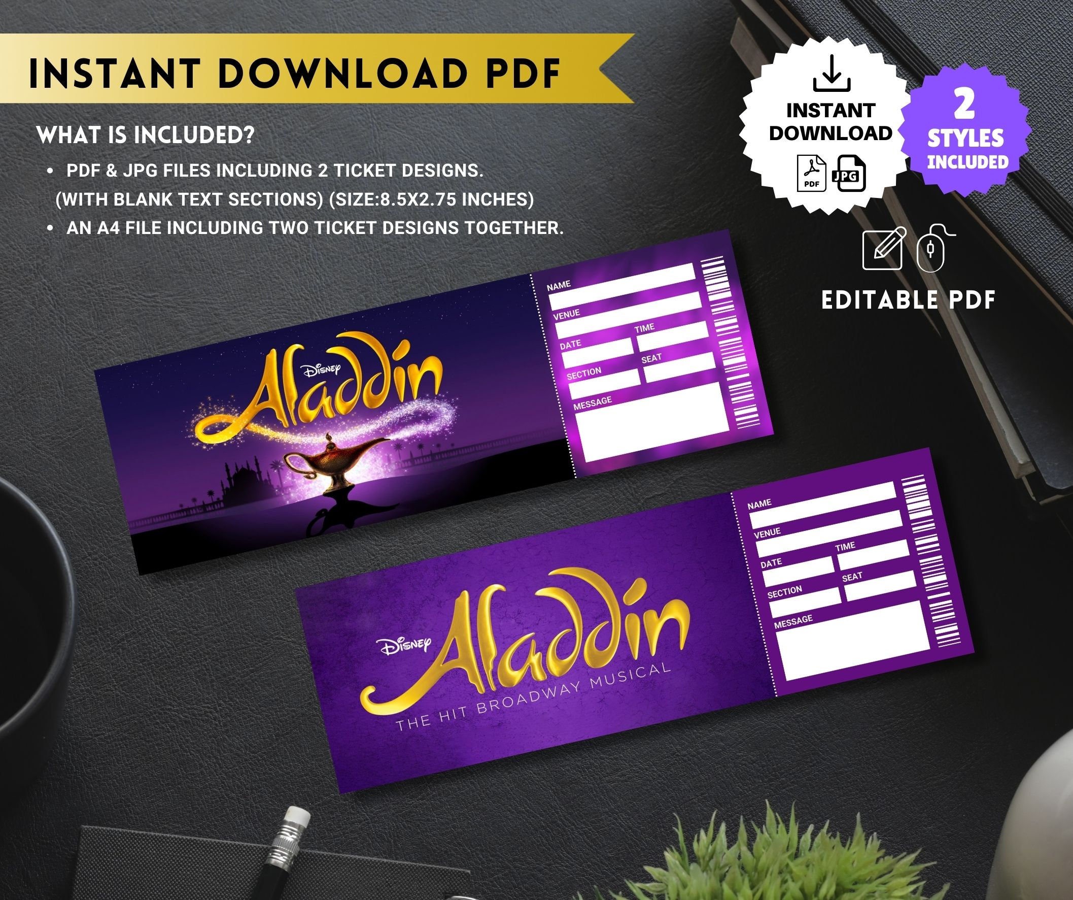 Printable ALADDIN BROADWAY Musical Surprise TICKET, Collectible Theater ...