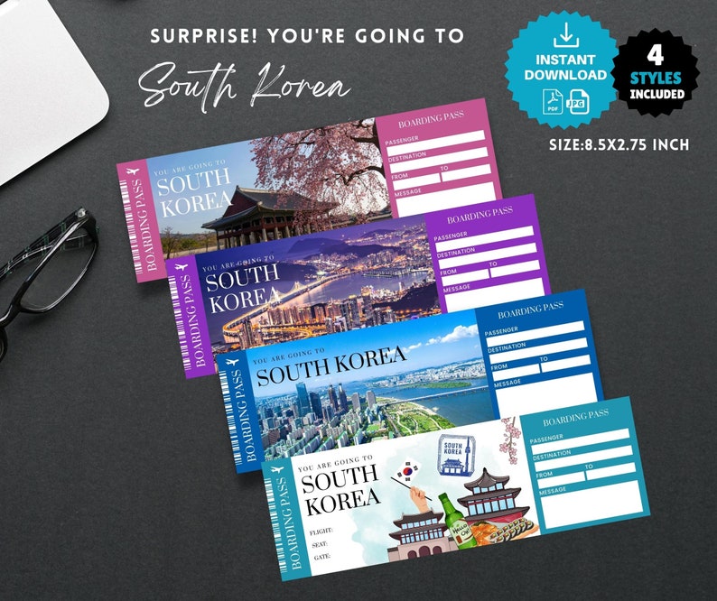Printable, Editable SOUTH KOREA Surprise Boarding Pass TICKET, Vacation ...