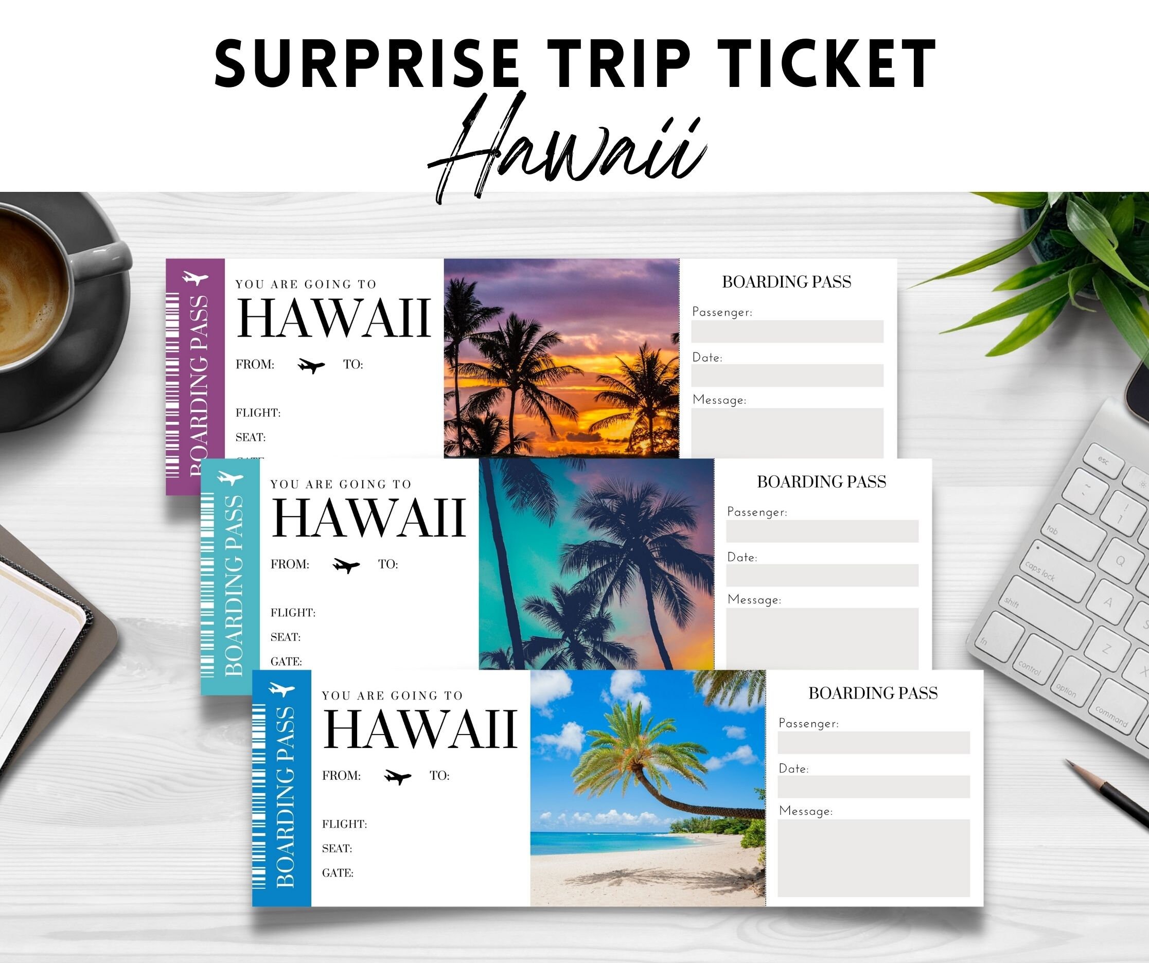 Printable, Editable HAWAII Surprise BOARDING Pass TICKET Template, Trip ...