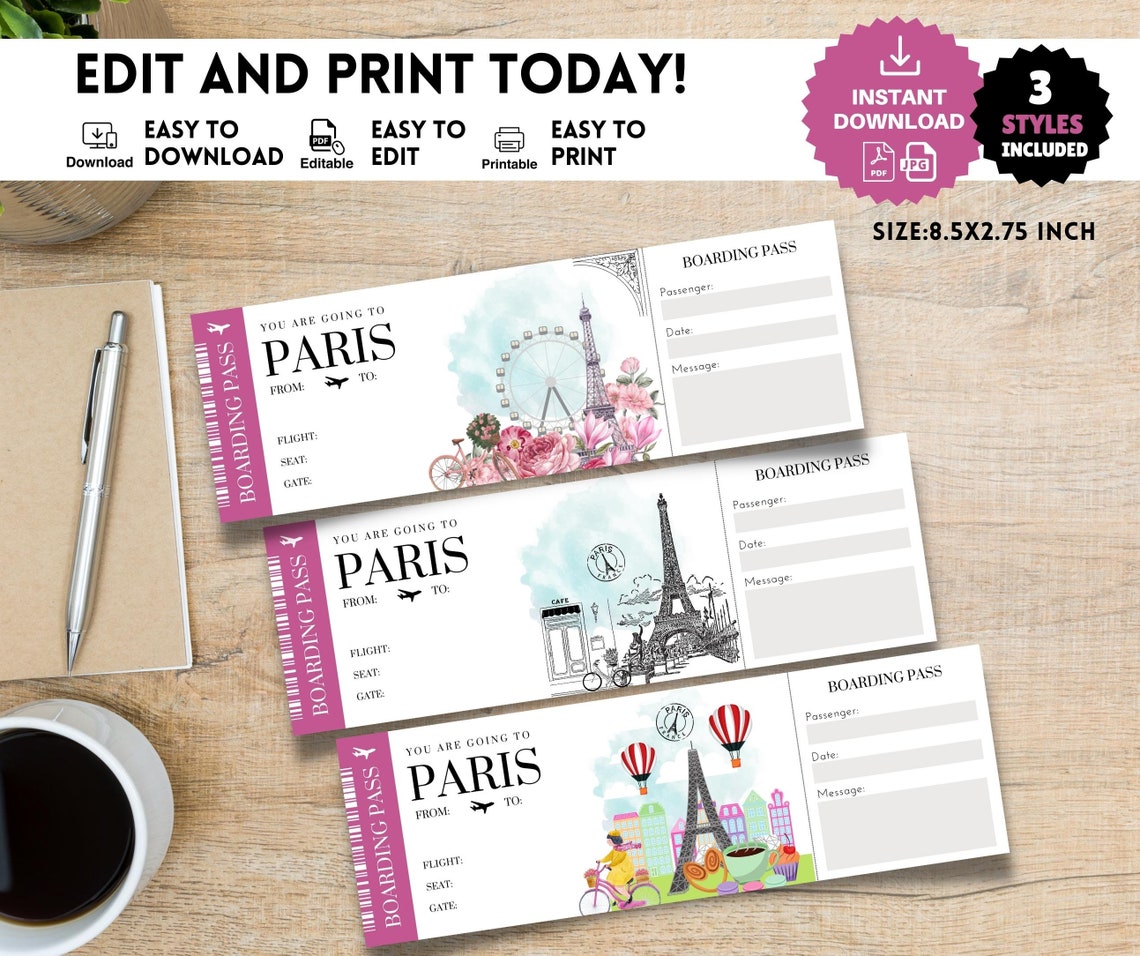 Printable, Editable PARIS Surprise BOARDING Pass TICKET, Trip Ticket to ...