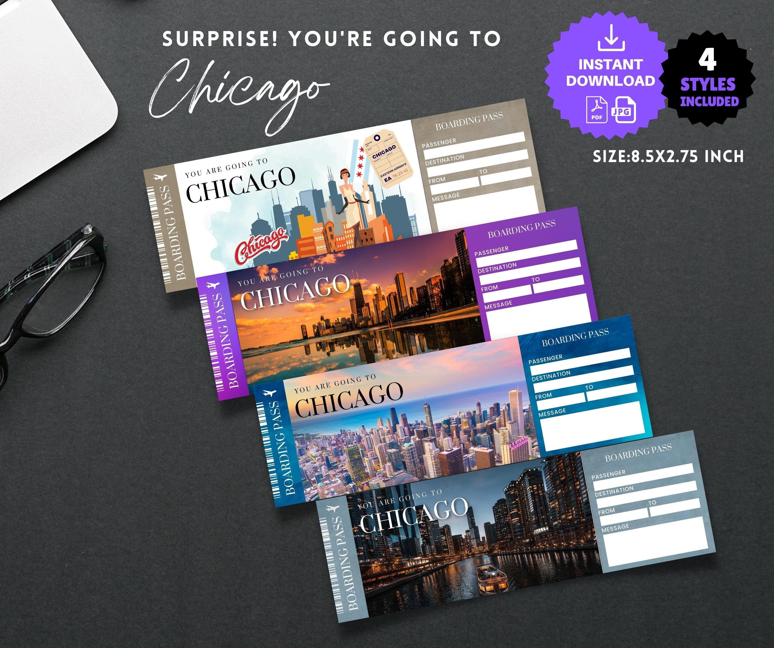 Printable, Editable CHICAGO Surprise Boarding Pass TICKET, Vacation ...