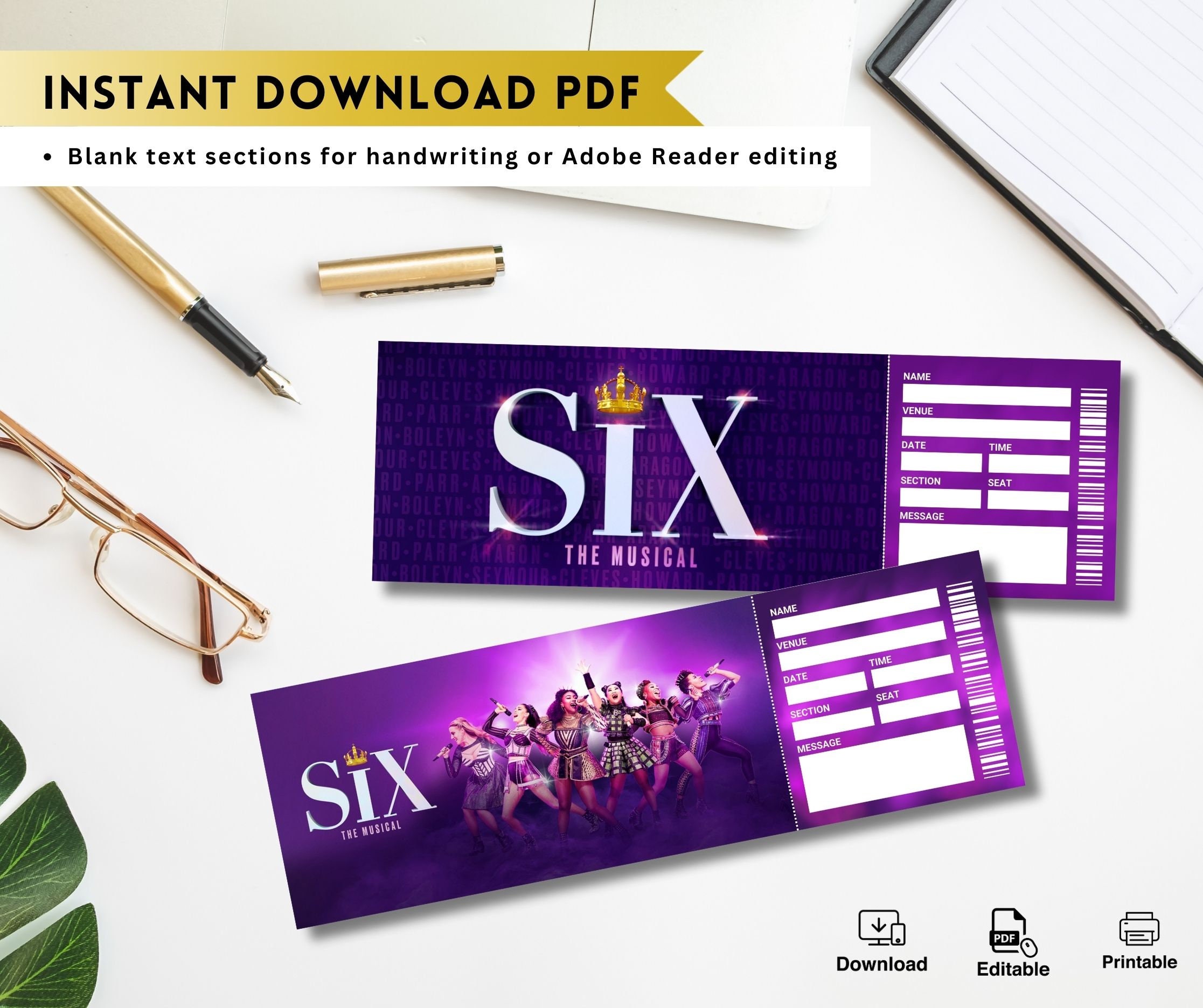 Printable SIX BROADWAY Musical Surprise TICKET, Collectible Theater ...