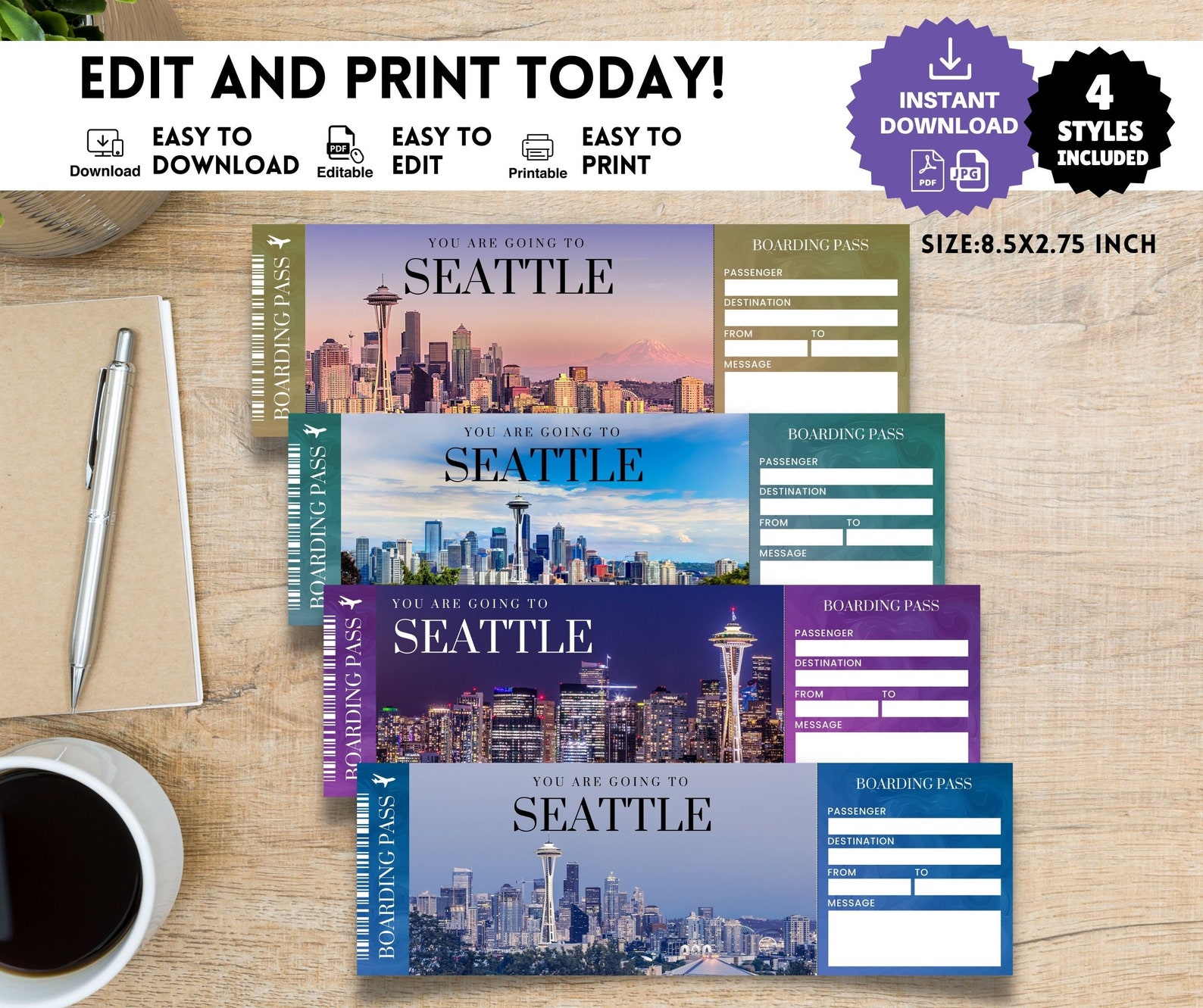 Printable, Editable SEATTLE Surprise Boarding Pass TICKET, Vacation ...