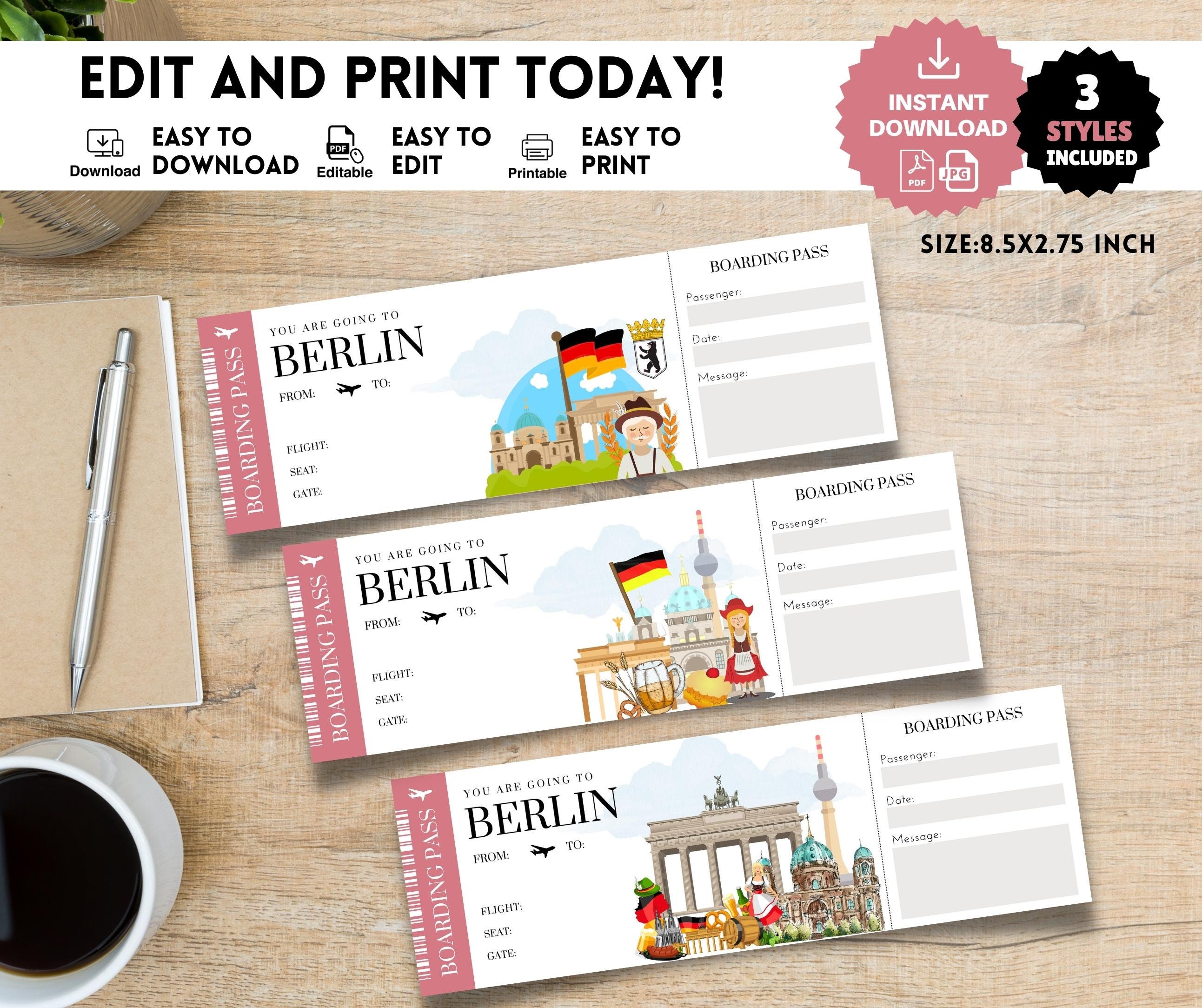 Berlin Trip Boarding Pass - Editable Printable Travel Ticket - Etsy
