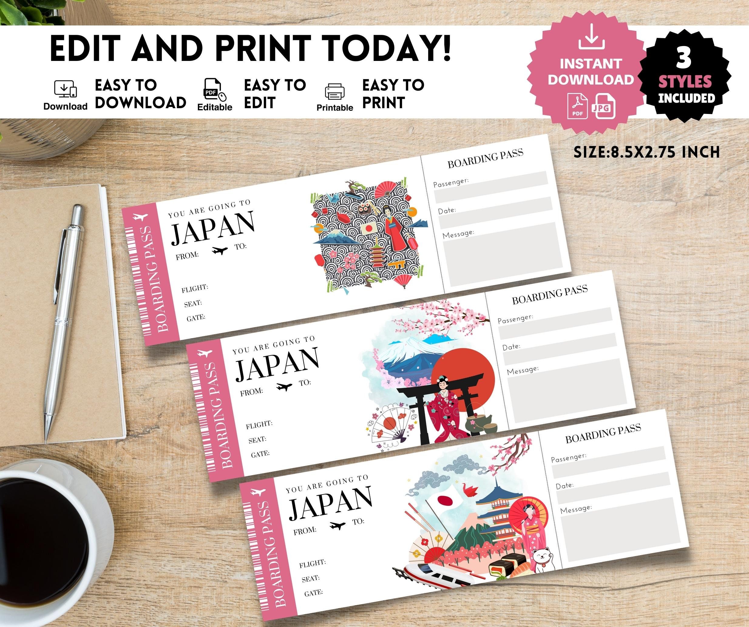 Printable, Editable JAPAN Surprise BOARDING Pass TICKET, Trip Ticket to ...