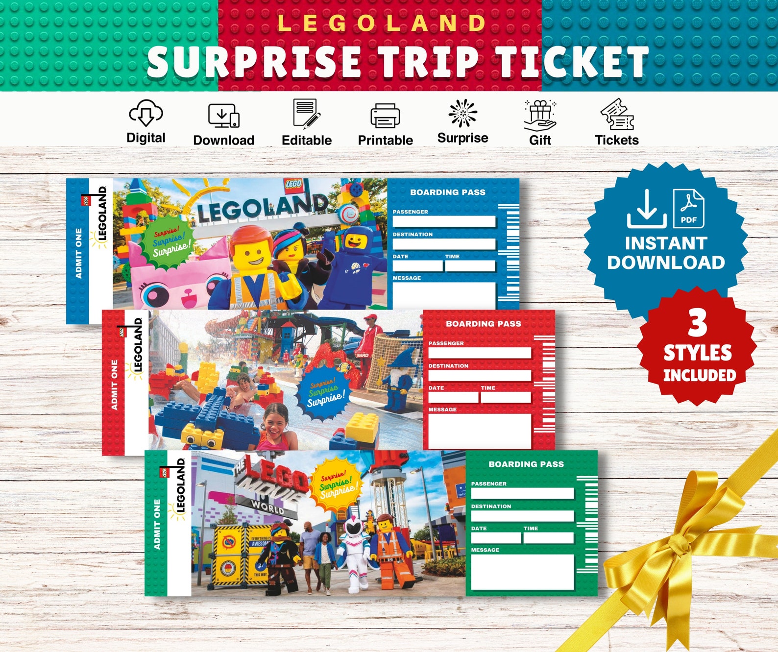 Printable BUILDING BLOCKS Theme Park Gift Ticket Surprise Trip Reveal ...
