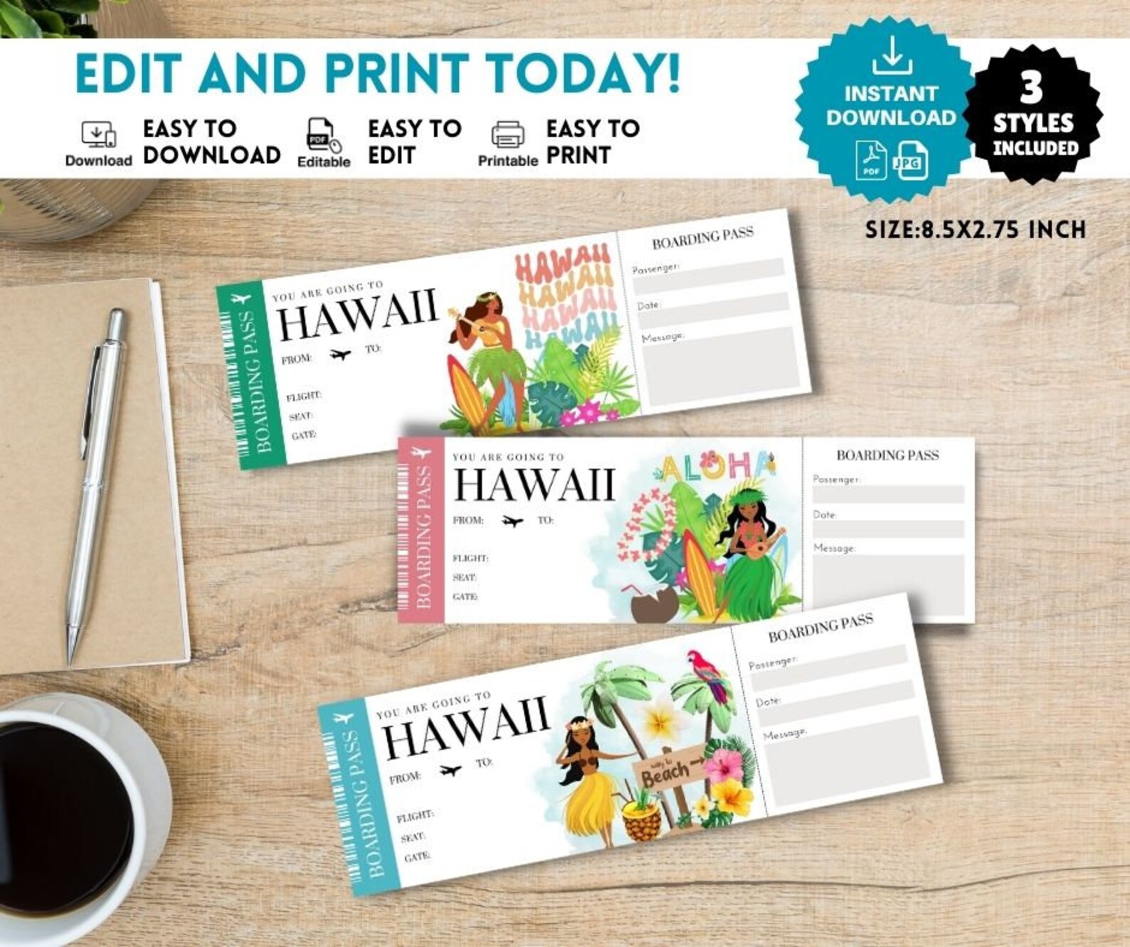 Printable, Editable HAWAII Surprise BOARDING Pass TICKET Template, Trip ...