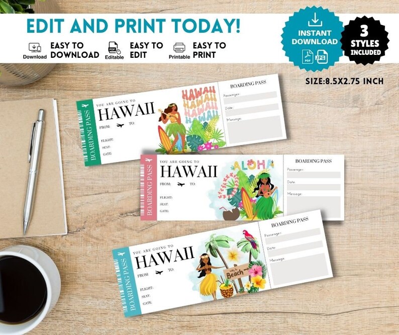 Editable Hawaii Boarding Pass: Printable Surprise Trip Ticket (PDF) - Etsy
