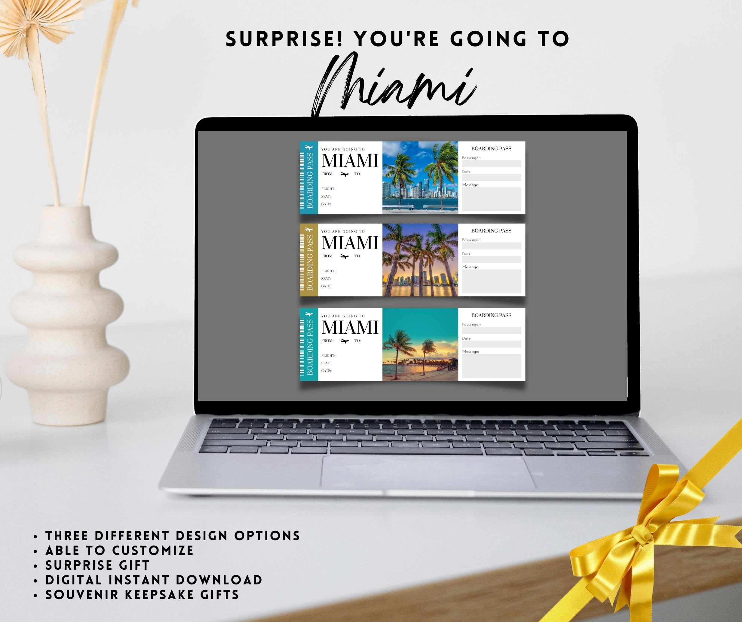 Printable, Editable MIAMI Surprise BOARDING Pass TICKET Template, Trip ...