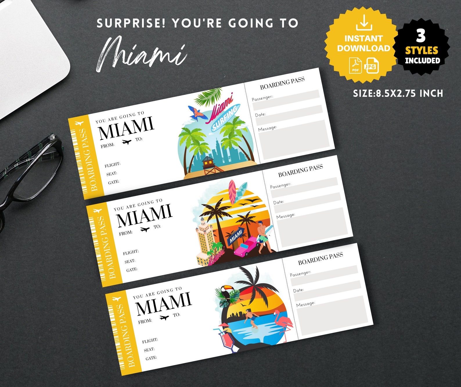 Printable, Editable MIAMI Surprise BOARDING Pass TICKET, Trip Ticket to ...