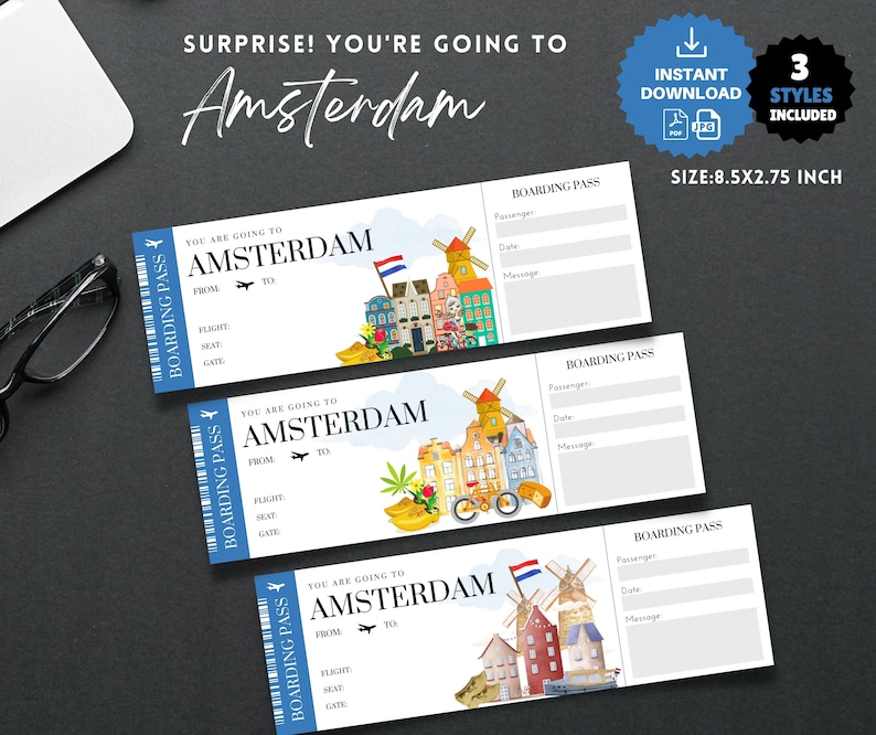 Boarding Pass Ticket: Amsterdam Trip Printable (editable PDF Download ...