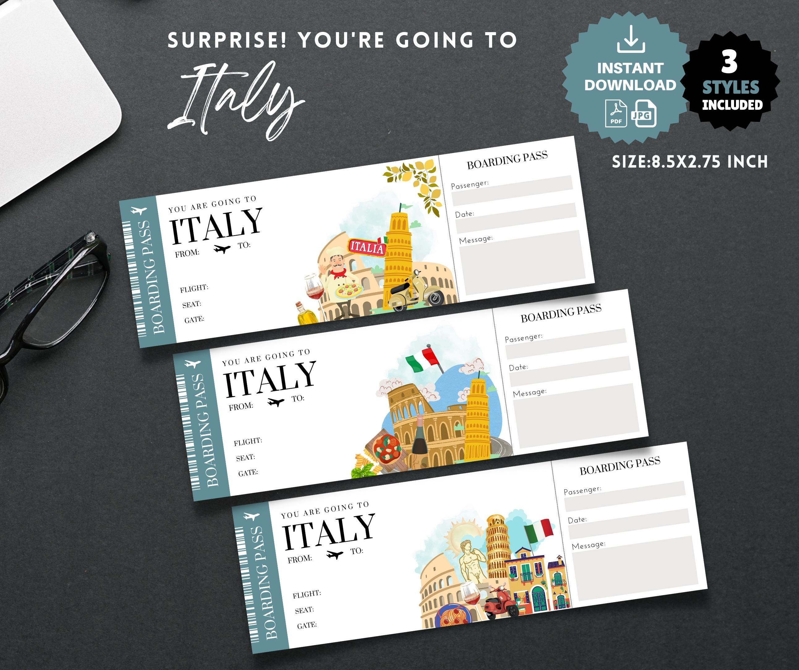 Printable, Editable ITALY Surprise BOARDING Pass TICKET, Trip Ticket to ...