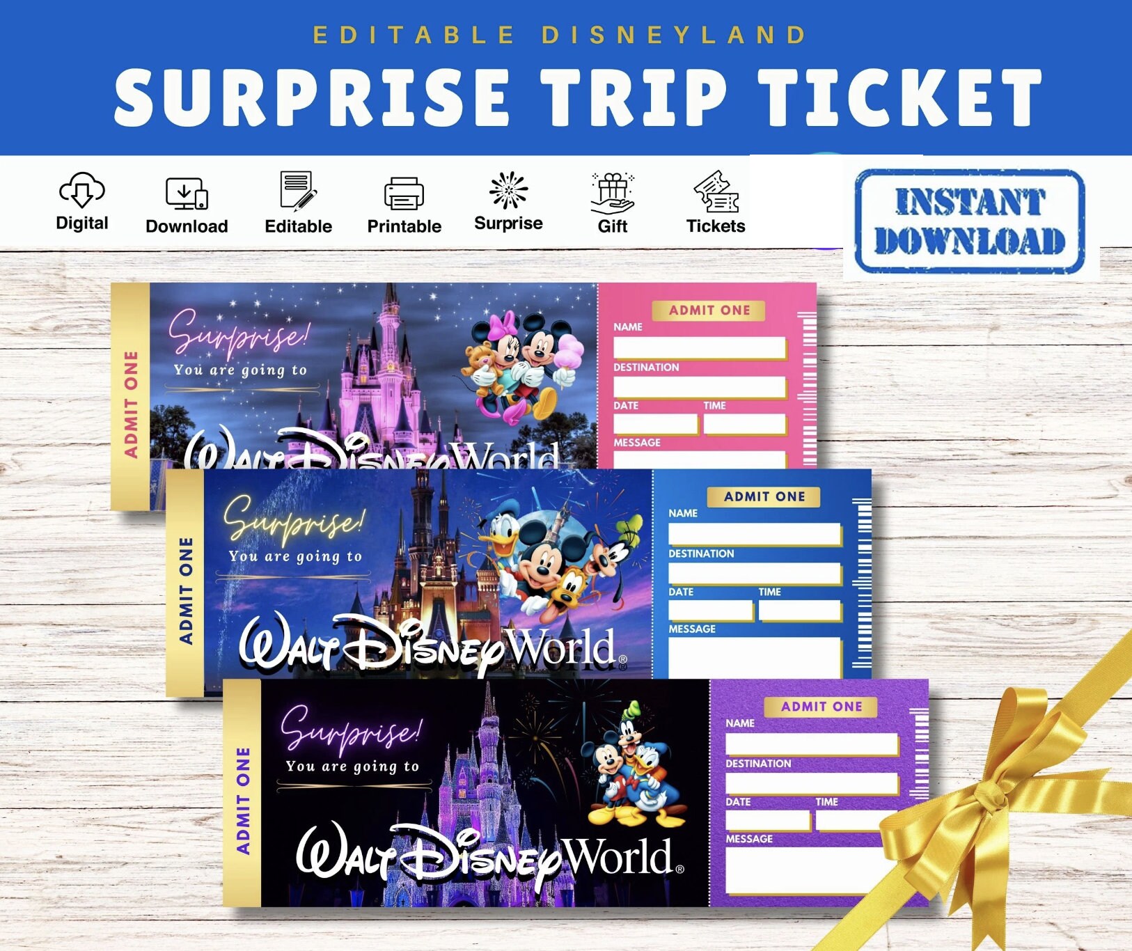 Printable DISNEYLAND THEME PARK Surprise Reveal Ticket / Editable ...