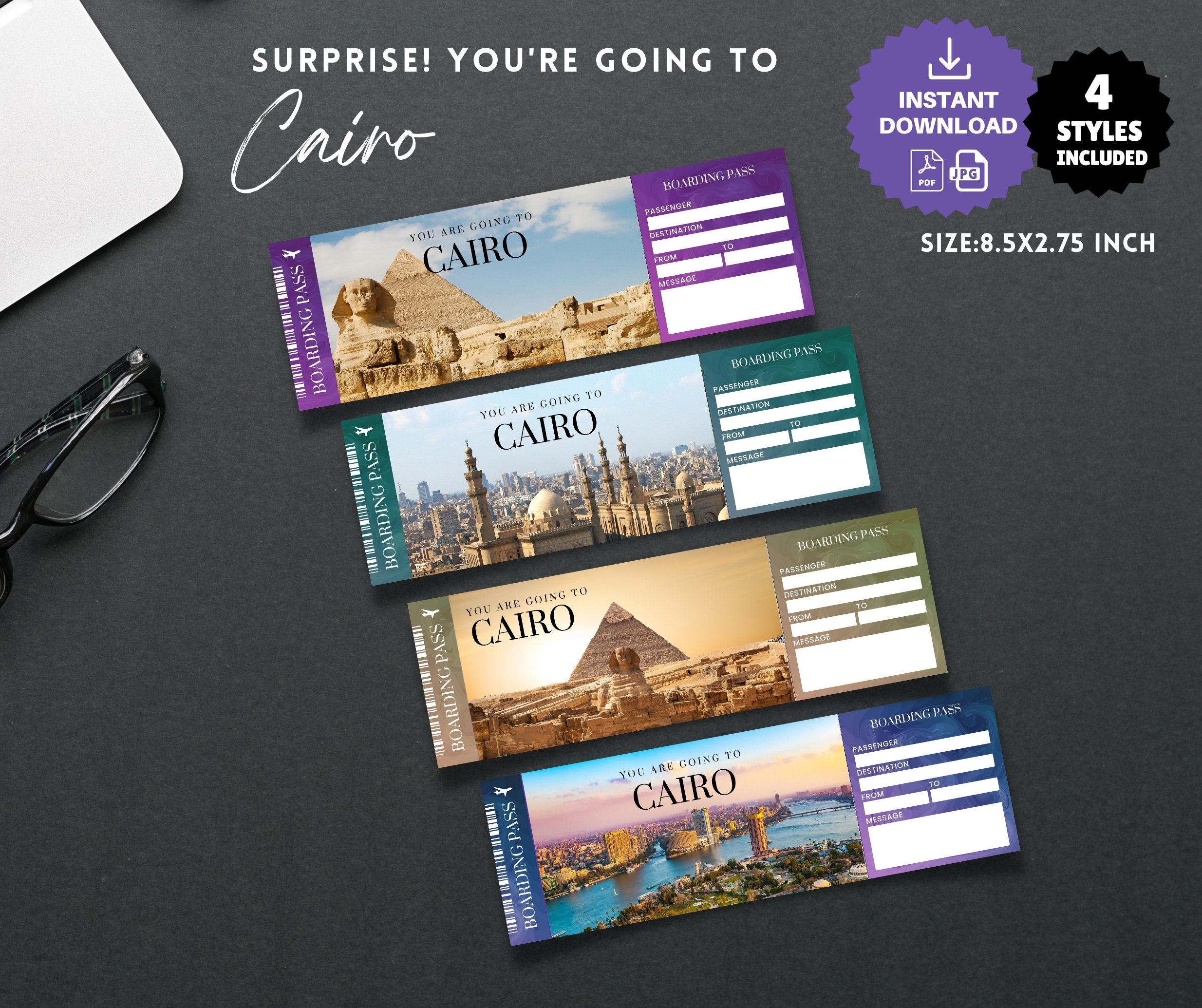 Printable, Editable CAIRO/EGYPT Surprise Boarding Pass TICKET, Vacation ...