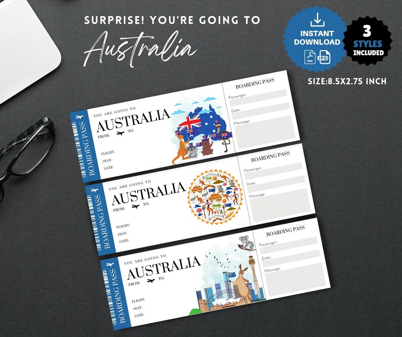 Printable, Editable AUSTRALIA Surprise BOARDING Pass TICKET, Trip ...