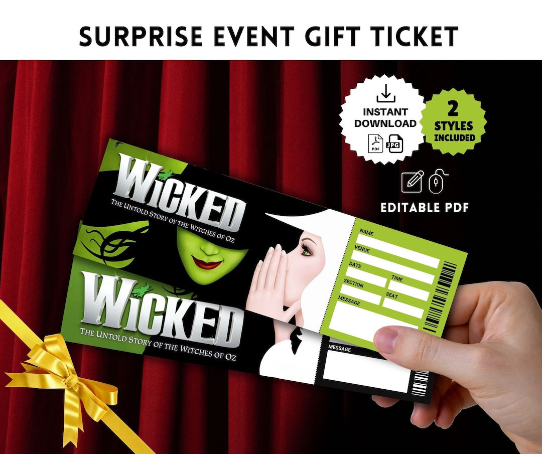 Printable WICKED BROADWAY Surprise Gift TICKET. Editable Musical ...