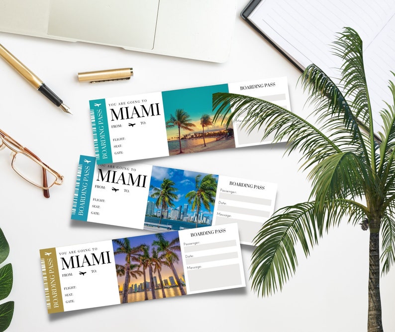 Printable, Editable MIAMI Surprise BOARDING Pass TICKET Template, Trip ...