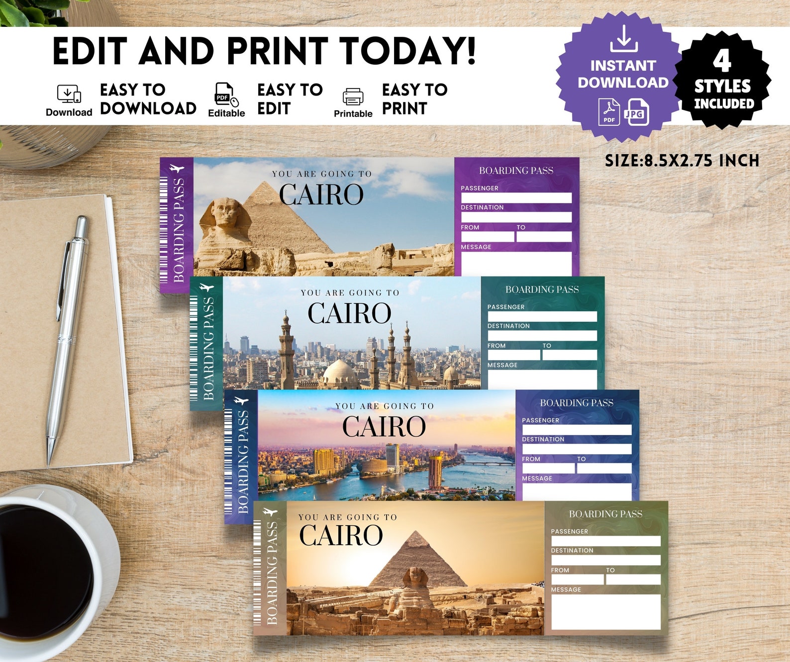 Printable, Editable CAIRO/EGYPT Surprise Boarding Pass TICKET, Vacation ...