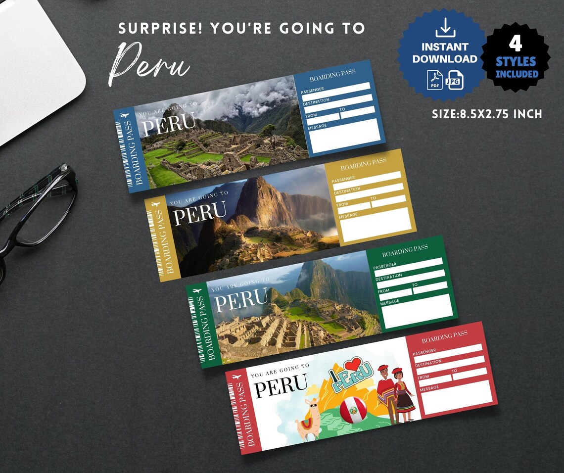 Printable, Editable PERU Surprise Boarding Pass TICKET, Vacation Ticket ...