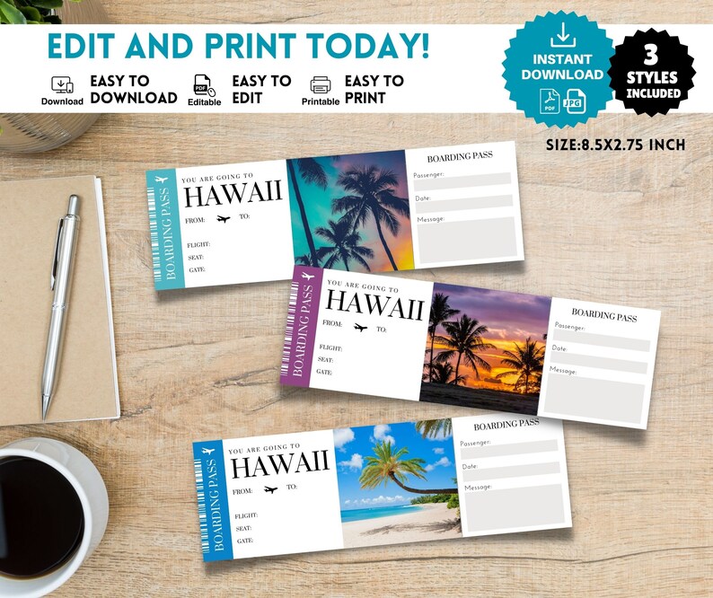 Printable, Editable HAWAII Surprise BOARDING Pass TICKET Template, Trip ...